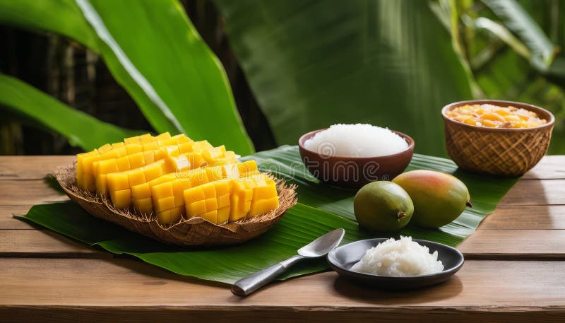 A Table Full of Tropical Fruit and Rice Stock Illustration ...