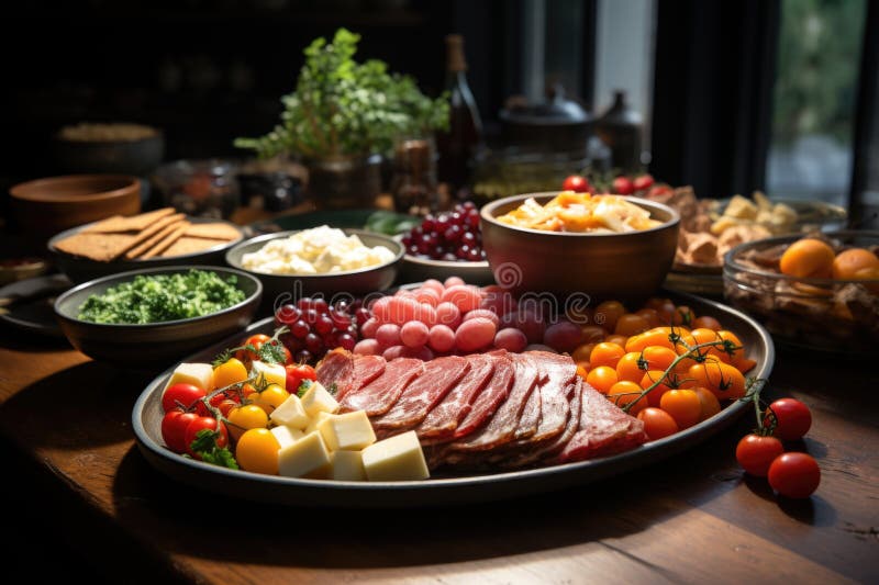 Table Full of Upper Food Sight at the Concrete Table. Set of Dishes O ...