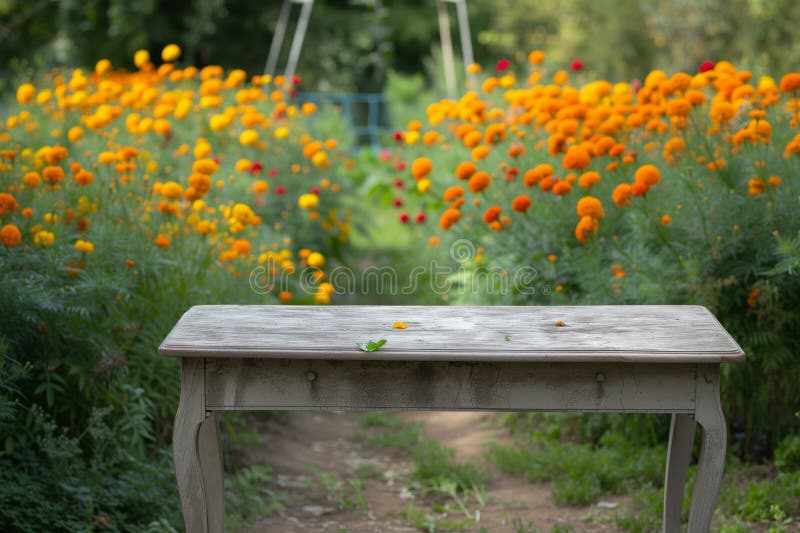 Table in a Garden with a Backdrop of Bright Marigolds Stock Photo ...
