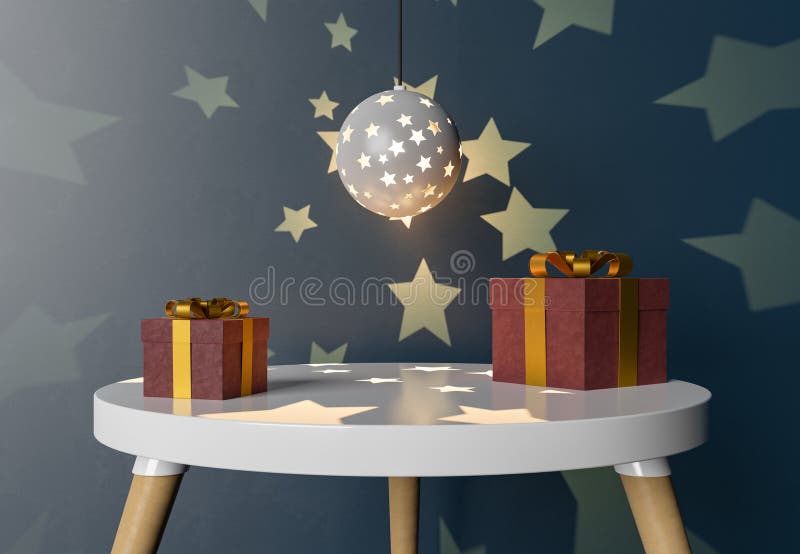 Table with Gift Boxes and Night Lamp for Product Display Stock ...