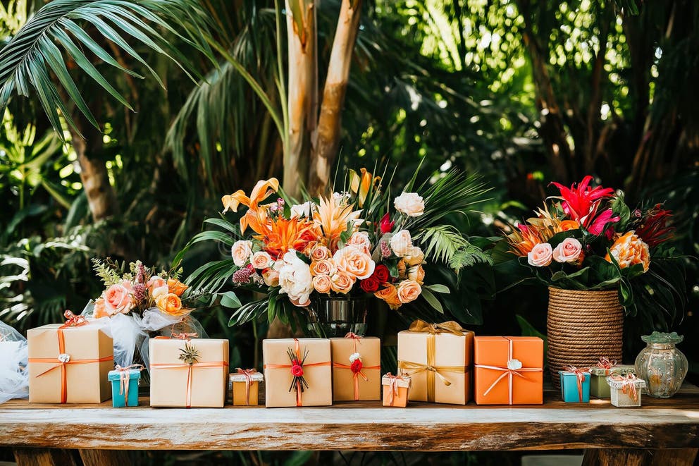 Table with Gift Boxes for Wedding Day. Wedding Gift Stock Illustration - Illustration of holiday ...