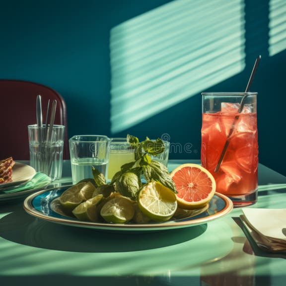 A Table with a Glass of Lemonade and a Plate of Lime Slices Stock ...