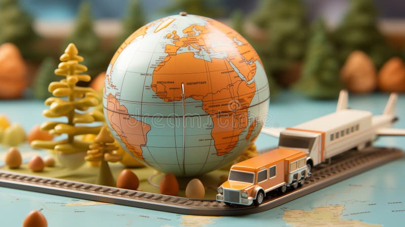 Table with a Globe Amidst Various Continents and Oceans, Depicted in a ...