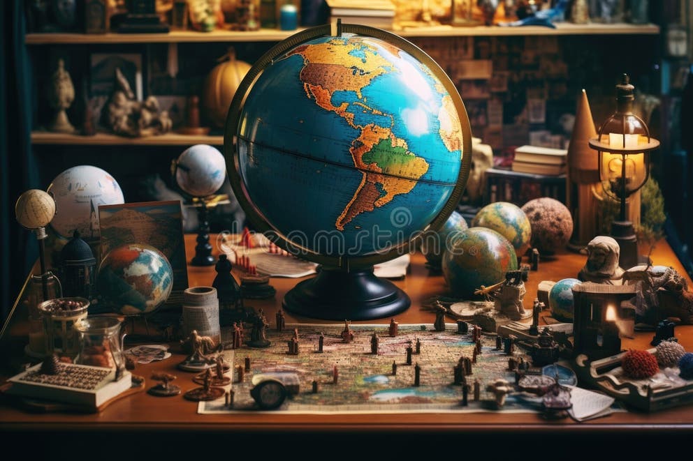 A Table with a Globe Placed on Top, Surrounded by Various Objects. this ...