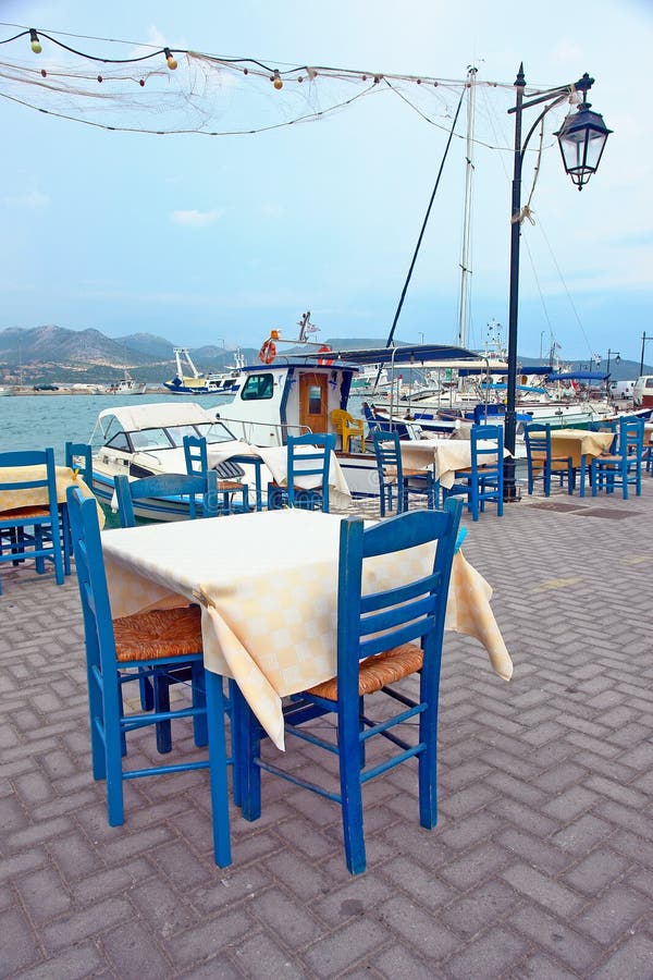 Table in a Greek Traditional Tavern Stock Image - Image of blue, boat ...