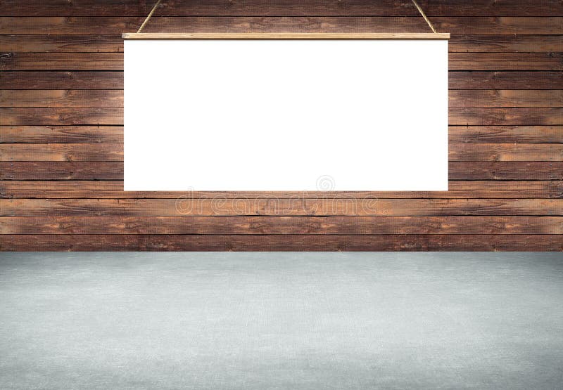 Table with Hanging White Poster Sign on Wooden Wall Stock Photo - Image ...