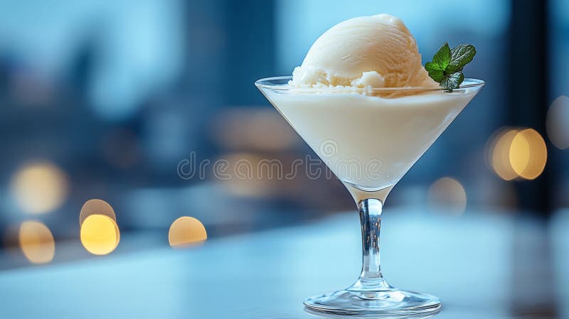 A Table Holds an Ice Cream Sundae with a Nighttime Cityscape Visible in ...