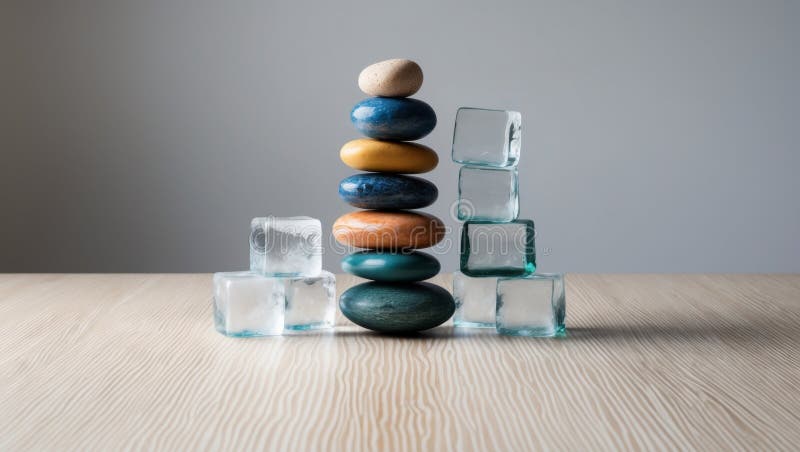 A Table Holds a Stack of Colorful Rocks Atop an Arrangement of Ice ...
