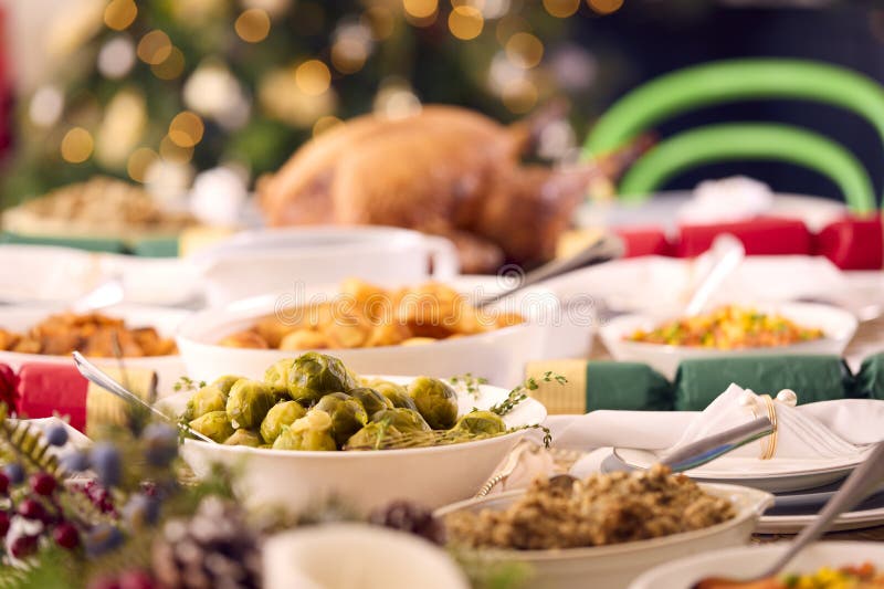 Table at Home Set for Christmas Lunch with Roast Turkey and Vegetables ...