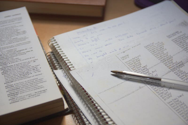 A Table with the Homework and Books of an English Language Learner ...