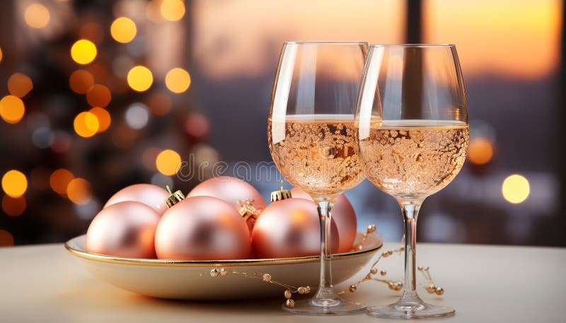 Table Illuminated with Christmas Lights, Champagne Flutes Glowing ...