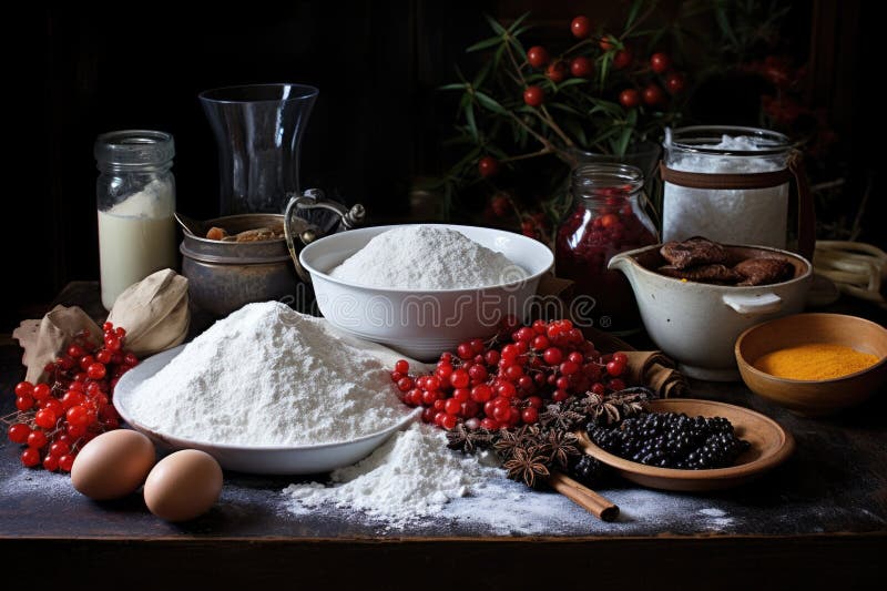 A Table with Ingredients for Christmas Cake: Flour, Eggs, Currants ...