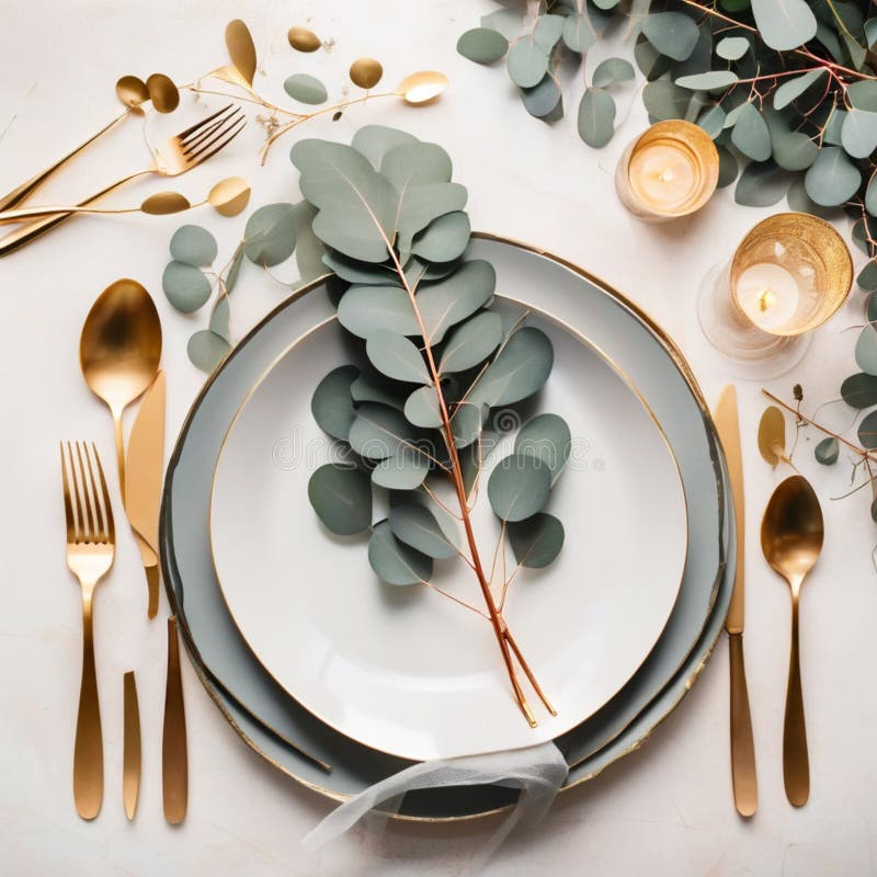 Luxury Wedding Table Setting with Eucalyptus and Golden Cutlery on ...