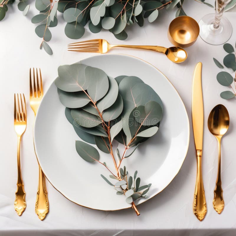 Luxury Wedding Table Setting with Eucalyptus and Golden Cutlery on ...
