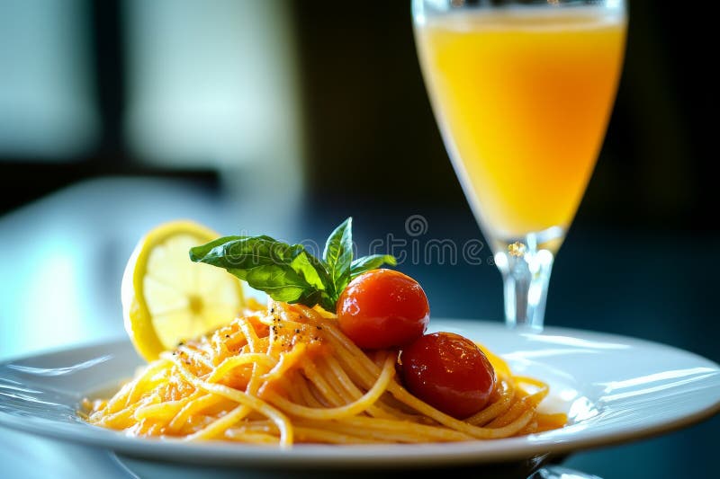 A Table with Juice and Pasta with Tomatoes and Parsley Stock Photo ...