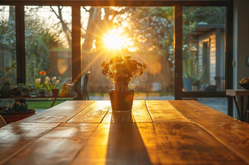 Table in the Kitchen Near a Large Window, Sun Rays Illuminate the Table ...