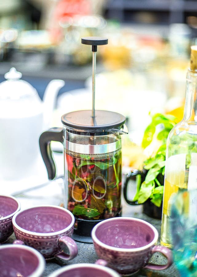 A Press with Herbal Tea and Cups Stock Image - Image of herbal, light ...