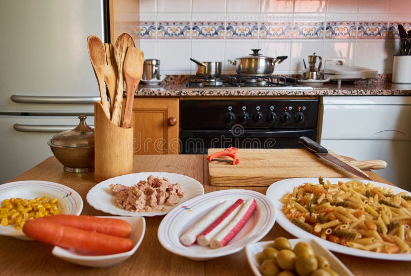 Table in a Kitchen with Several Foods on it Stock Image - Image of ...