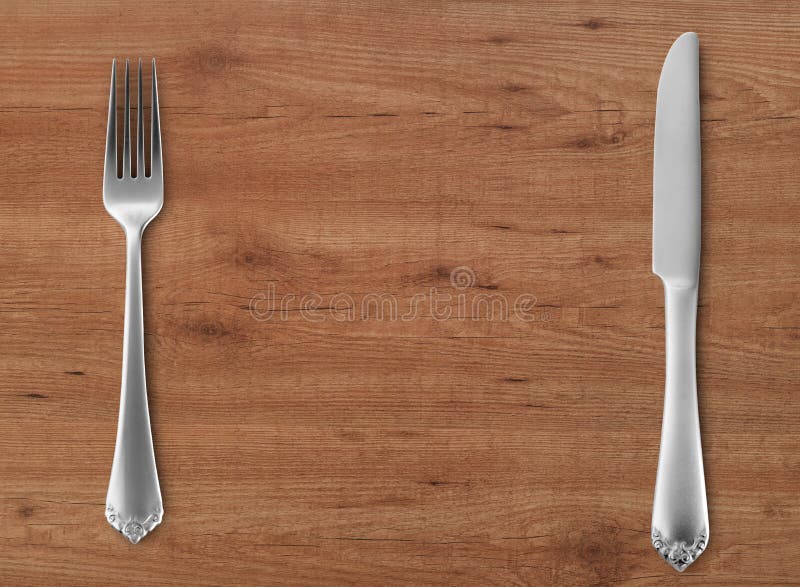 Table Knife and Fork on Wood Stock Image - Image of material, view ...