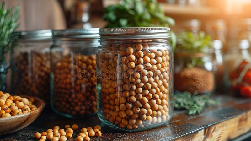 Table Laden with Jars Filled with Soybeans Stock Image - Image of ...