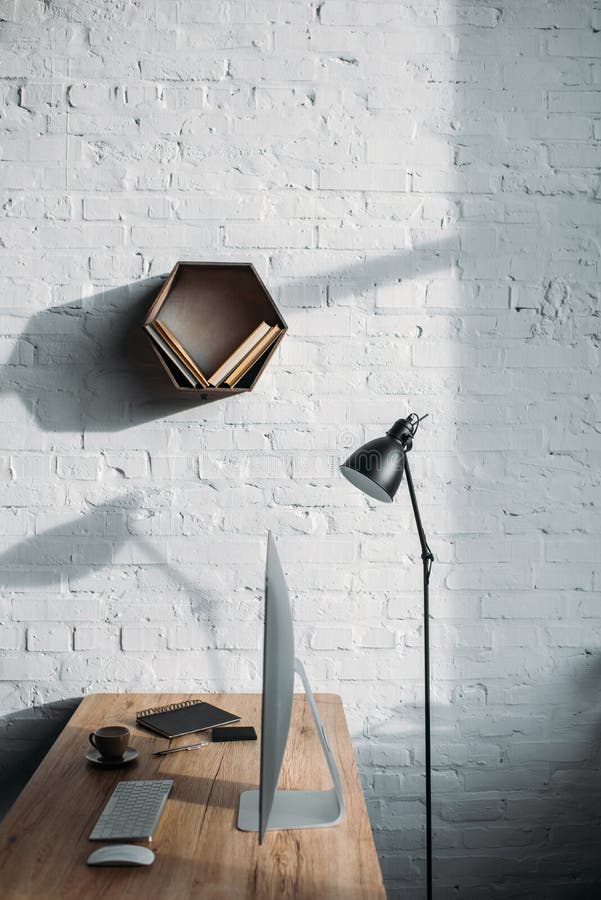 Table Lamp, Computer and Shelf on Wall Stock Image - Image of interior ...