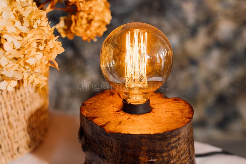 Table Lamp Made of Wood. Edison Electric Lamp. Incandescent Lamp. Stock ...