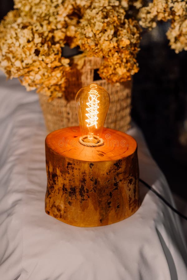 Table Lamp Made of Wood. Edison Electric Lamp. Incandescent Lamp. Stock ...