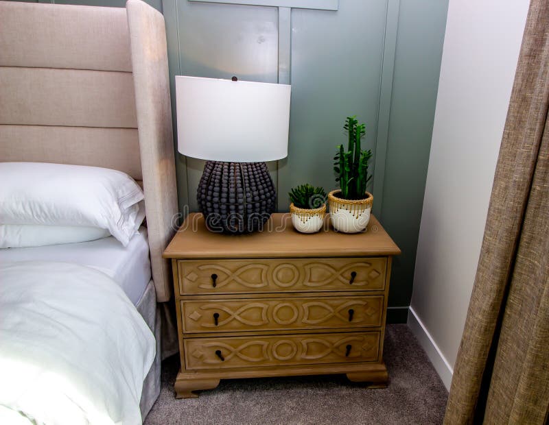 Table Lamp and Shade on Night Stand Stock Image - Image of curtain ...