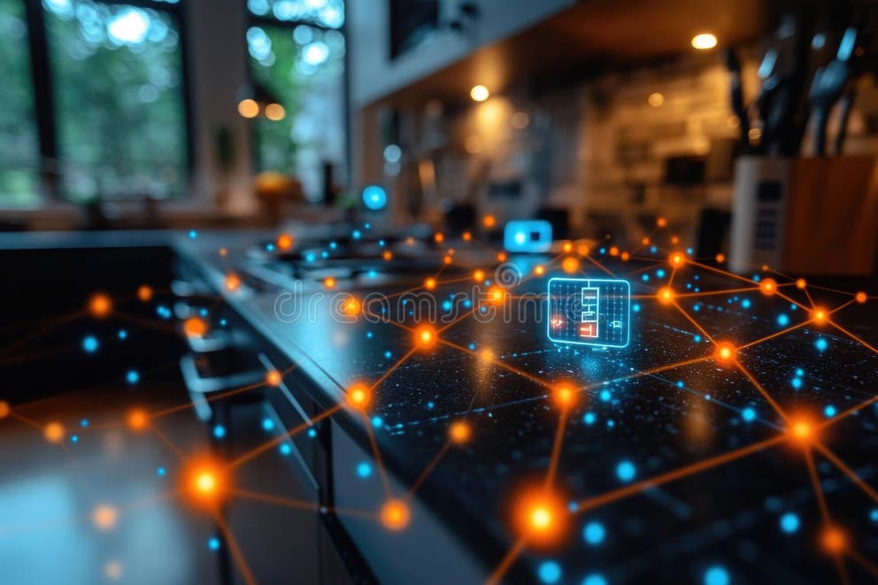 A Table with a Laptop Computer and Glowing Dots Stock Photo - Image of ...