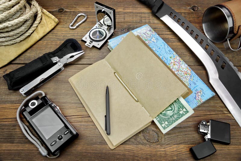 Table with Large Group of . Objects for Travel Stock Photo - Image of ...