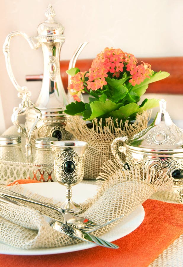 Table Layout by a Table Silver Stock Photo - Image of lunch, design ...