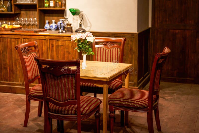 Table Layout and Table and Chairs in Traditional Old Restaurant Stock ...