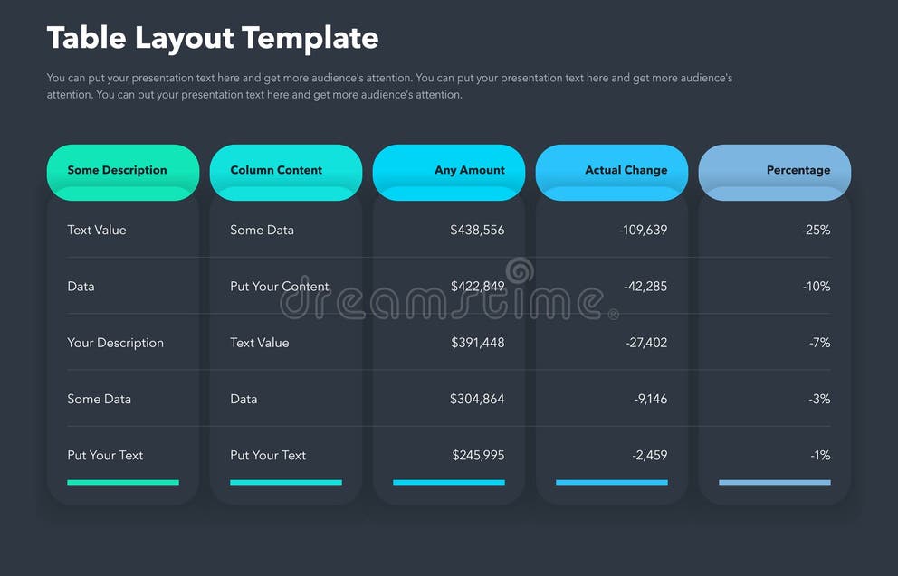 Table Layout Template with Five Colorful Columns - Dark Version Stock ...