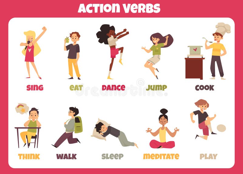Table for Learning English Verbs with Children Flat Vector Illustration ...