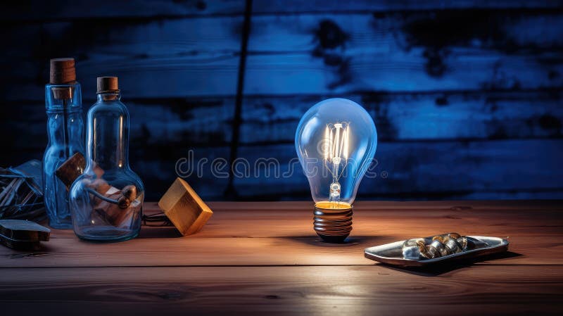 Table light bulb on blue stock illustration. Illustration of warm ...
