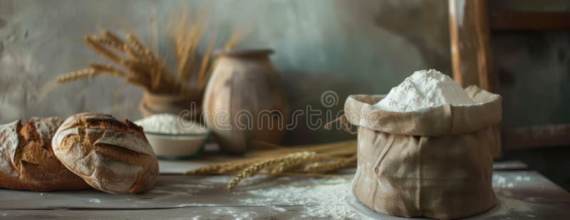Table with Loaf of Bread and Bag of Flour Stock Photo - Image of ...