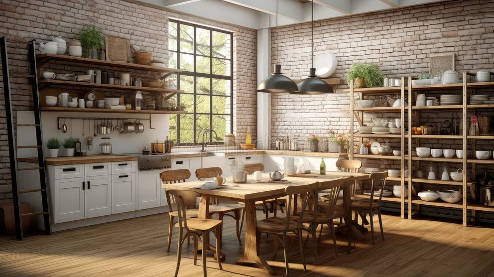 Table loft kitchen stock illustration. Illustration of subway - 361487138