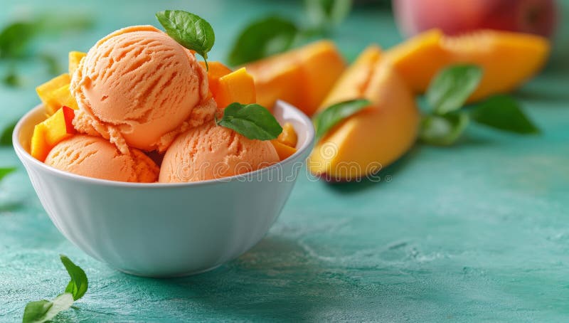 On a Table, a Mango Ice Cream Scoop in a Cup is Presented from the Top ...