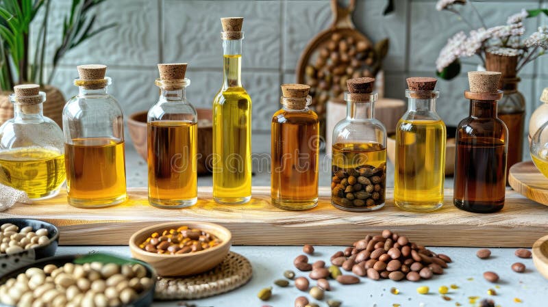A Table with Many Bottles of Oil and Nuts Stock Photo - Image of diet ...