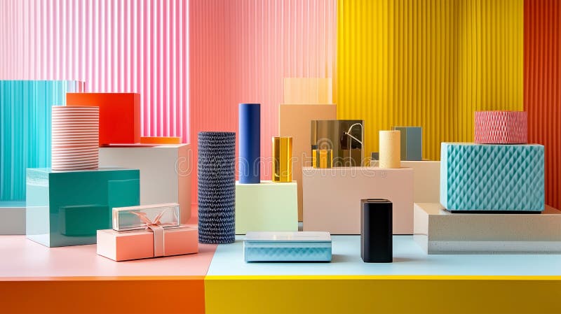 A Table with Many Different Colored Boxes and Containers Stock ...