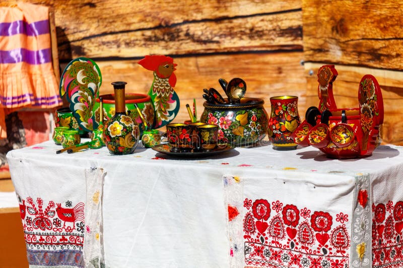 A Table with Many Different Colored Dishes and Bowls Stock Photo ...