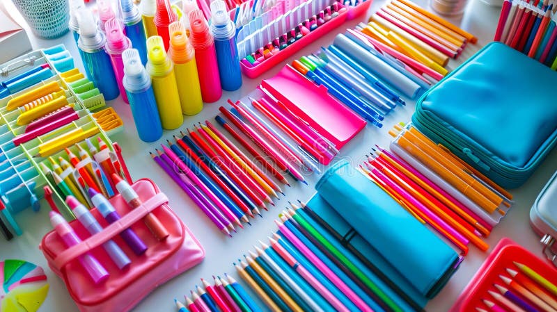 A Table with Many Different Colored Pencils and Pens Stock Photo ...