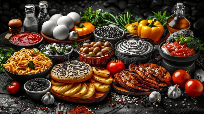 A Table with Many Different Foods on it Including Pasta, Meatballs and ...