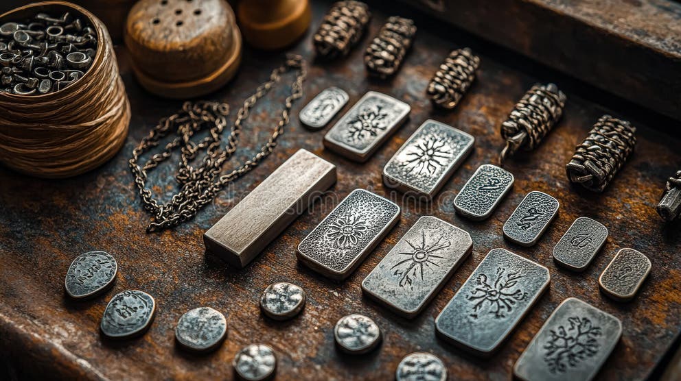 Table with Many Different Shaped Silver Objects on it Stock Photo ...