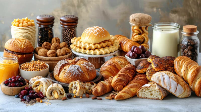 A Table with Many Different Types of Breads and Pastries, AI Stock ...