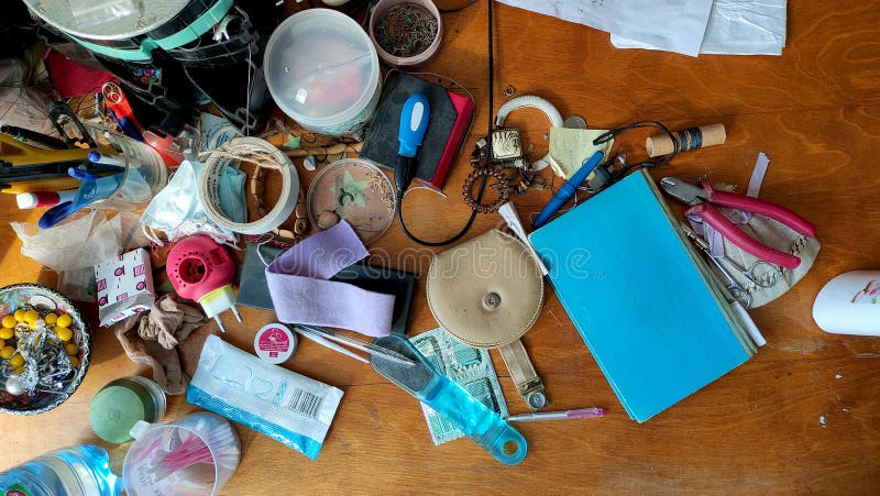 Table with Many Little Things and Objects Top View Stock Photo - Image ...