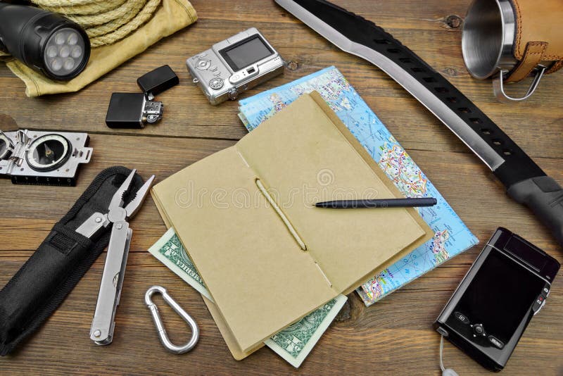 Table with Many Objects for Travel or Expedition or Hike Stock Image ...