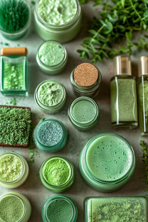 Table with Many Small Containers of Green Substances. Generative AI ...