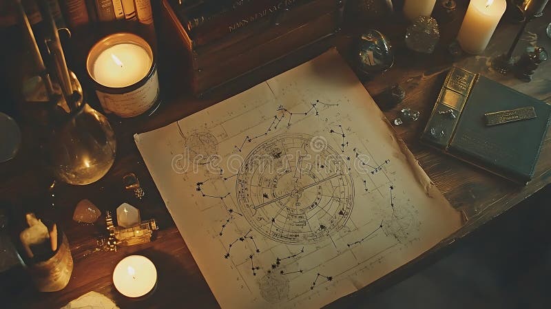 A Table with a Map of the Stars and a Candle Lit Stock Image - Image of ...