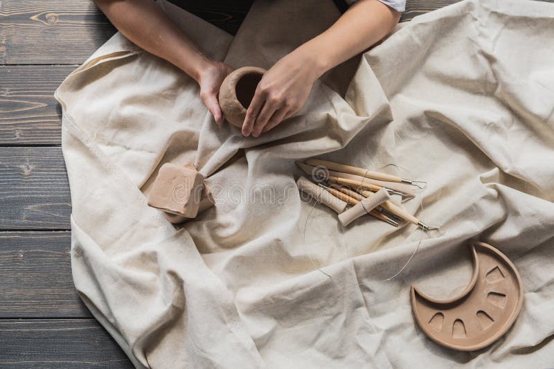 Table with Materials and Tools for Pottery Making Craftsperson ...